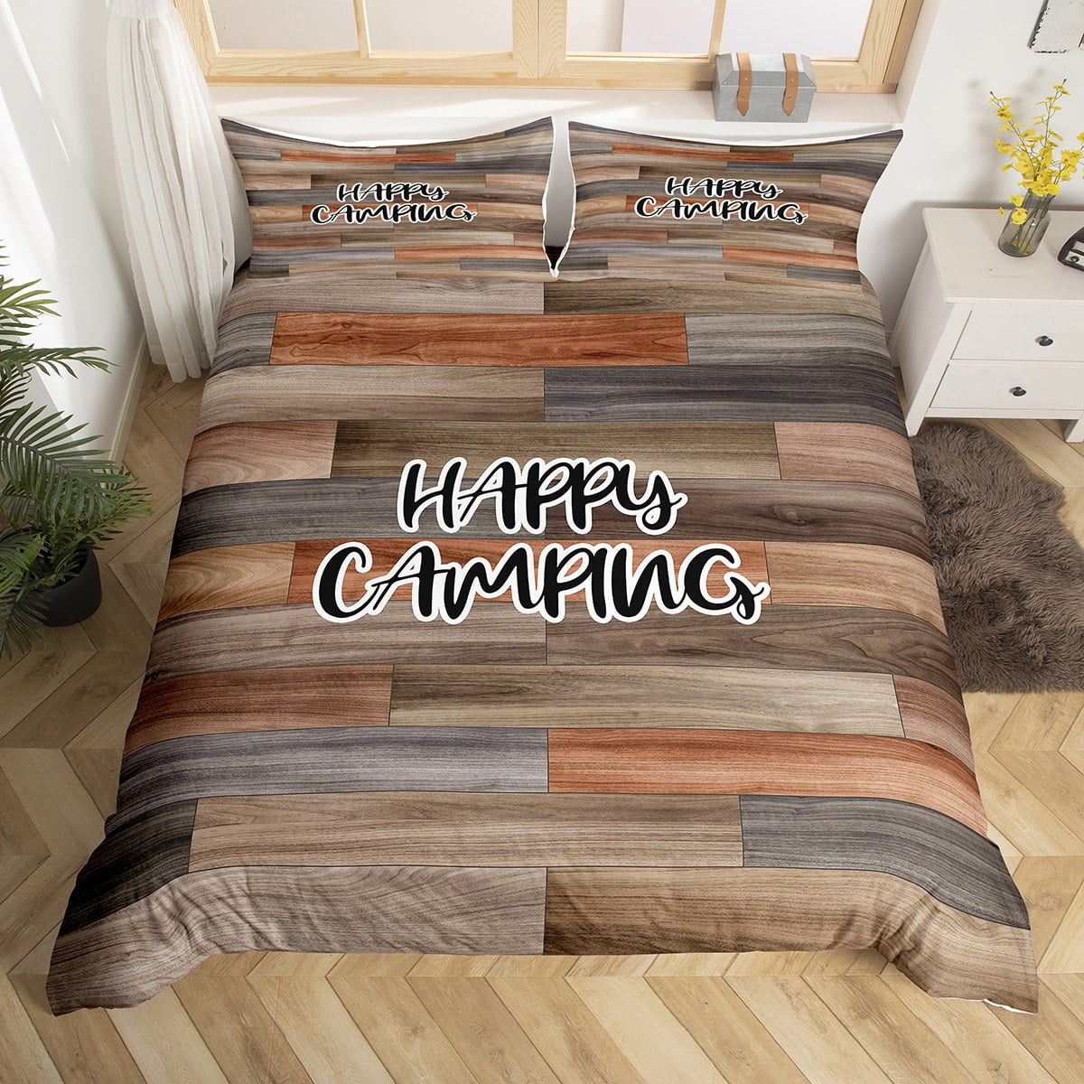 Happy Camping Comforter Cover Twin Vintage Wooden Camper Bedding Set ...