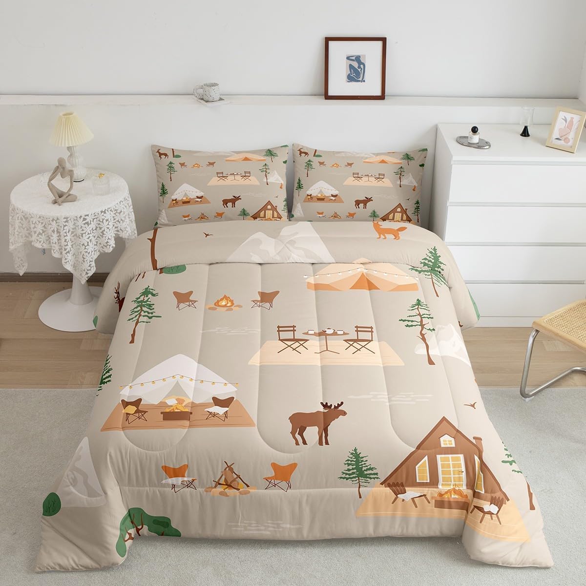 Happy Camping Comforter Set for Cabin Jungle Mountain Bedding Camper ...