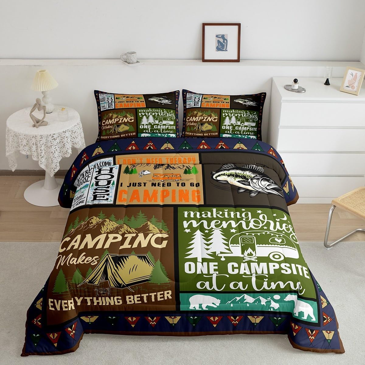Happy Camping Comforter Set Twin Lake House Decor Bedding Set for Cabin ...