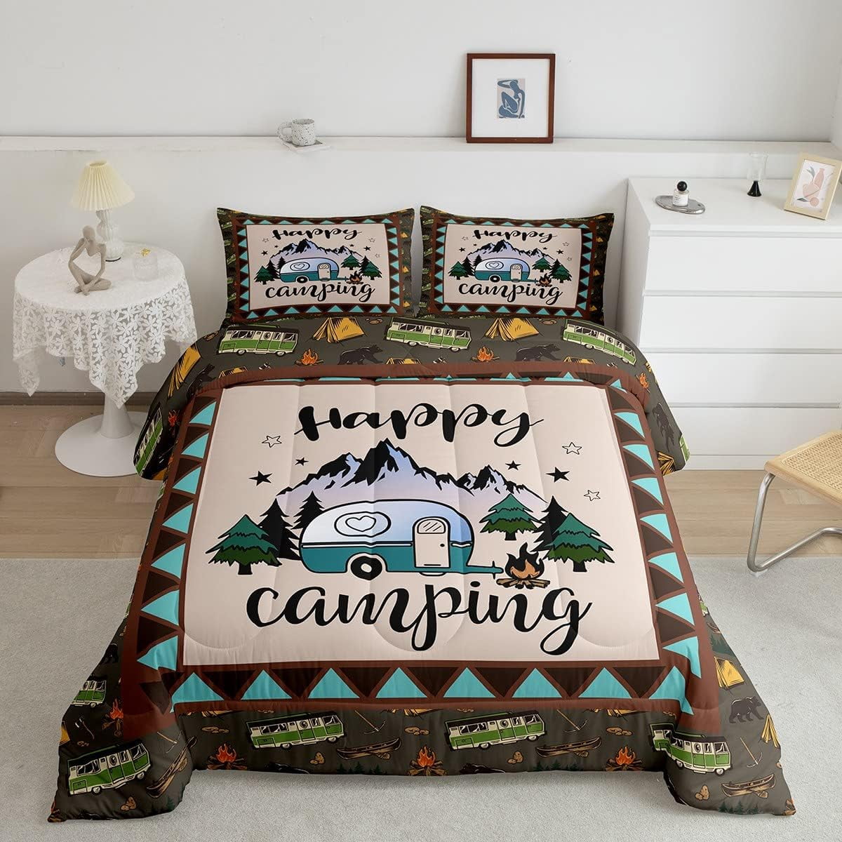 Happy Camping Comforter Set Twin Lake House Decor Bedding Set for Cabin ...
