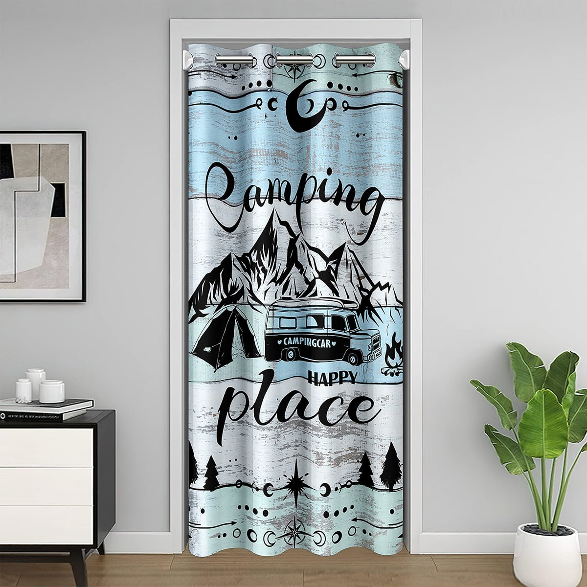 Happy Camping Door Drape,Camper RV Vehicles Blackout Curtain,Retro Wooden Door Curtain For ...