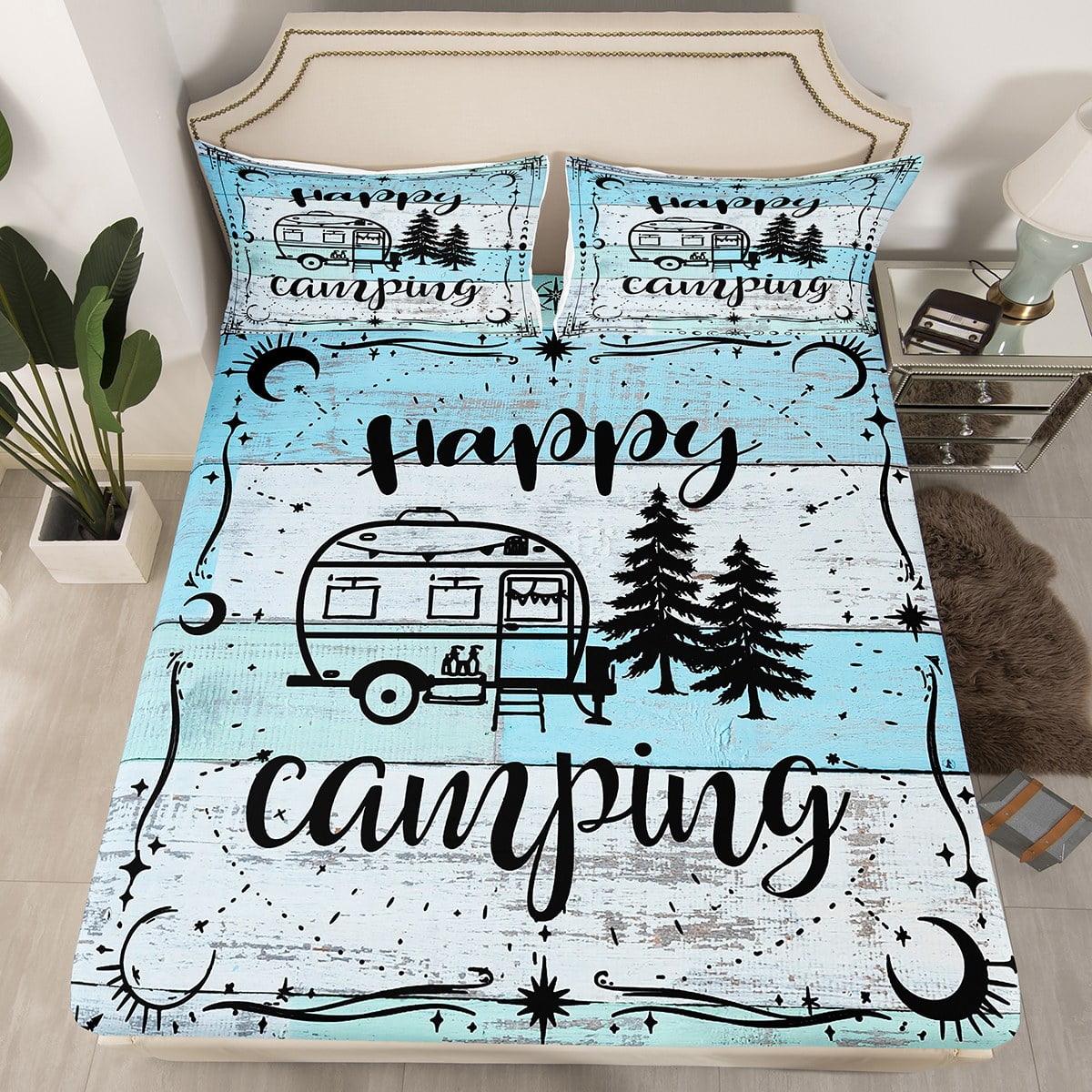 Happy Camping Fitted Sheet Travel Car and Trees Black Sketch Bedding ...
