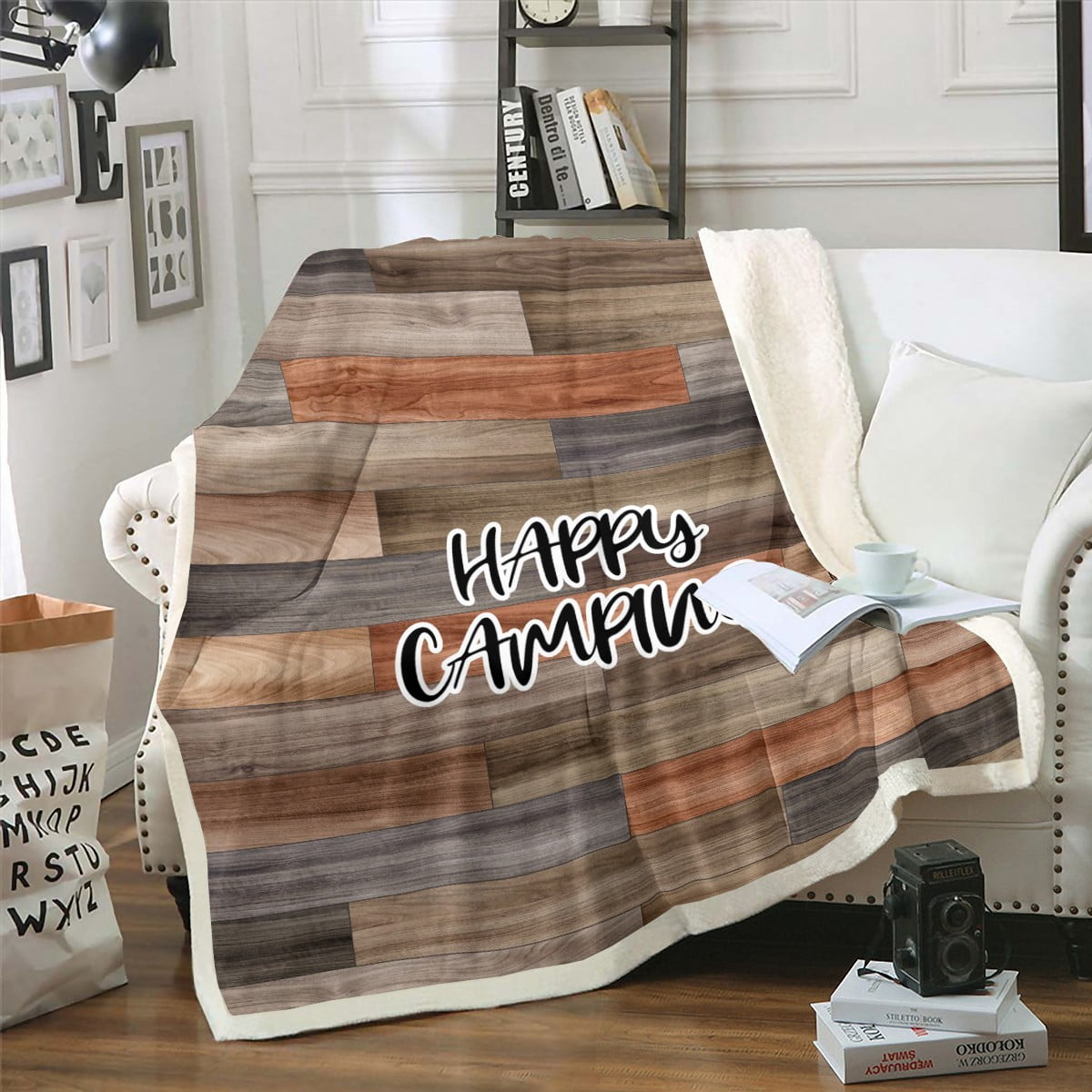 Happy Camping Fleece Blanket Vintage Wooden Camper Fuzzy Blanket ...