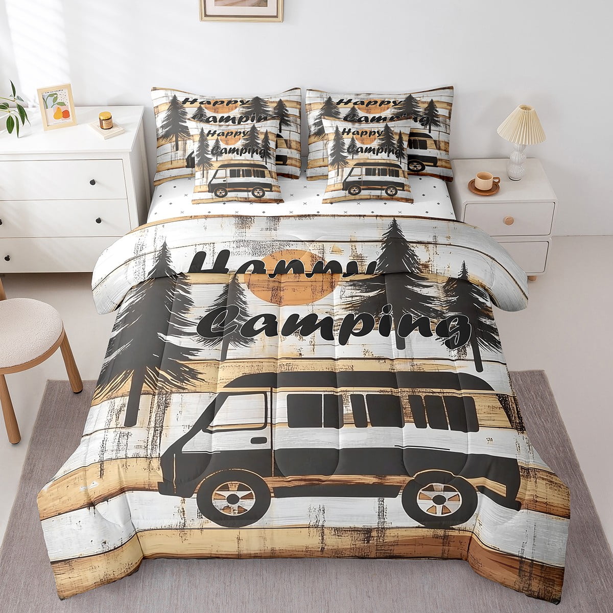 Happy Camping Bedding Set Rustic Farmhouse Camper Twin Comforter Set 7 ...