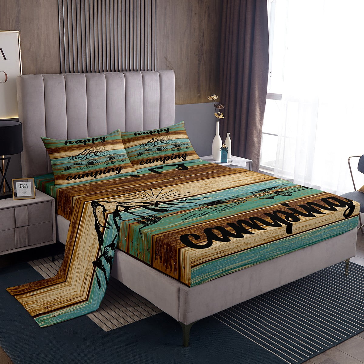 Happy Camping Sheets Teens, Cartoon Rv Car Sheet Set, Rustic Wooden ...