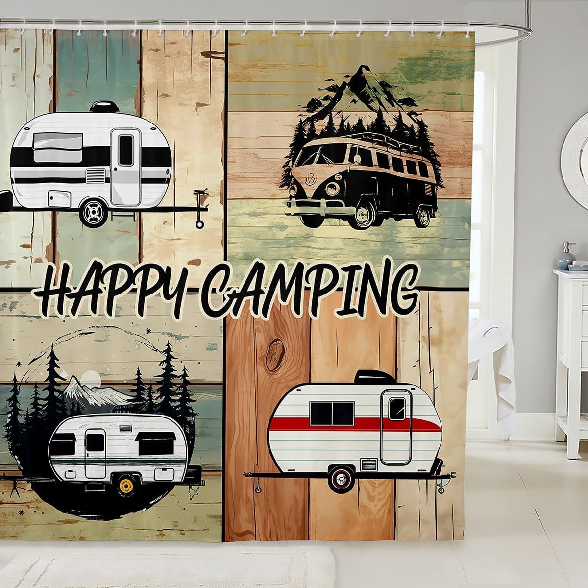 Happy Camping Shower Curtain - Rustic Farmhouse Brown Wooden Board ...
