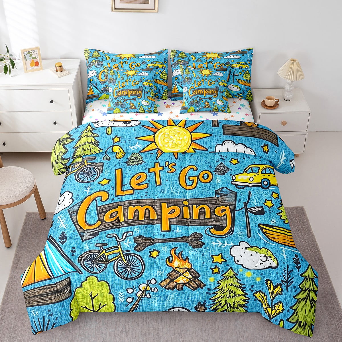 Happy Camping Twin Comforter Set 7 Piece,Blue Watercolor Camper Bedding ...