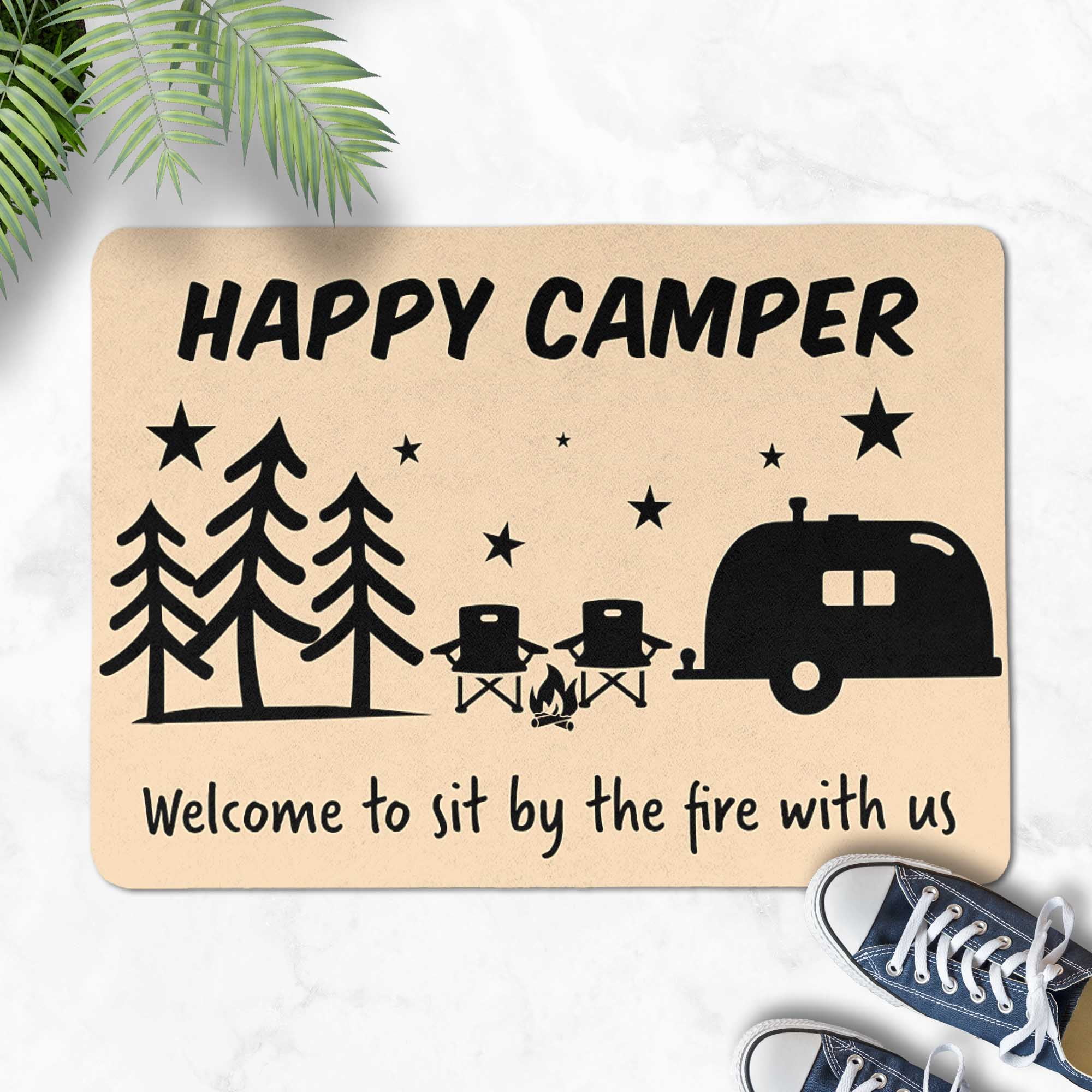 Happy Camping Welcome Mat – Outdoor Camper Rug with Fire Pit and Tree ...
