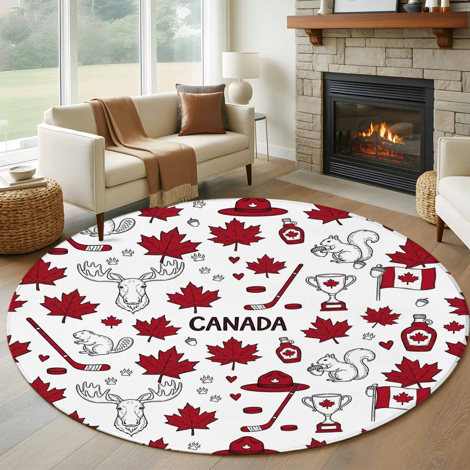 Happy Canada Day 7ft Round Rug for Living Room Conversation Area, Red ...