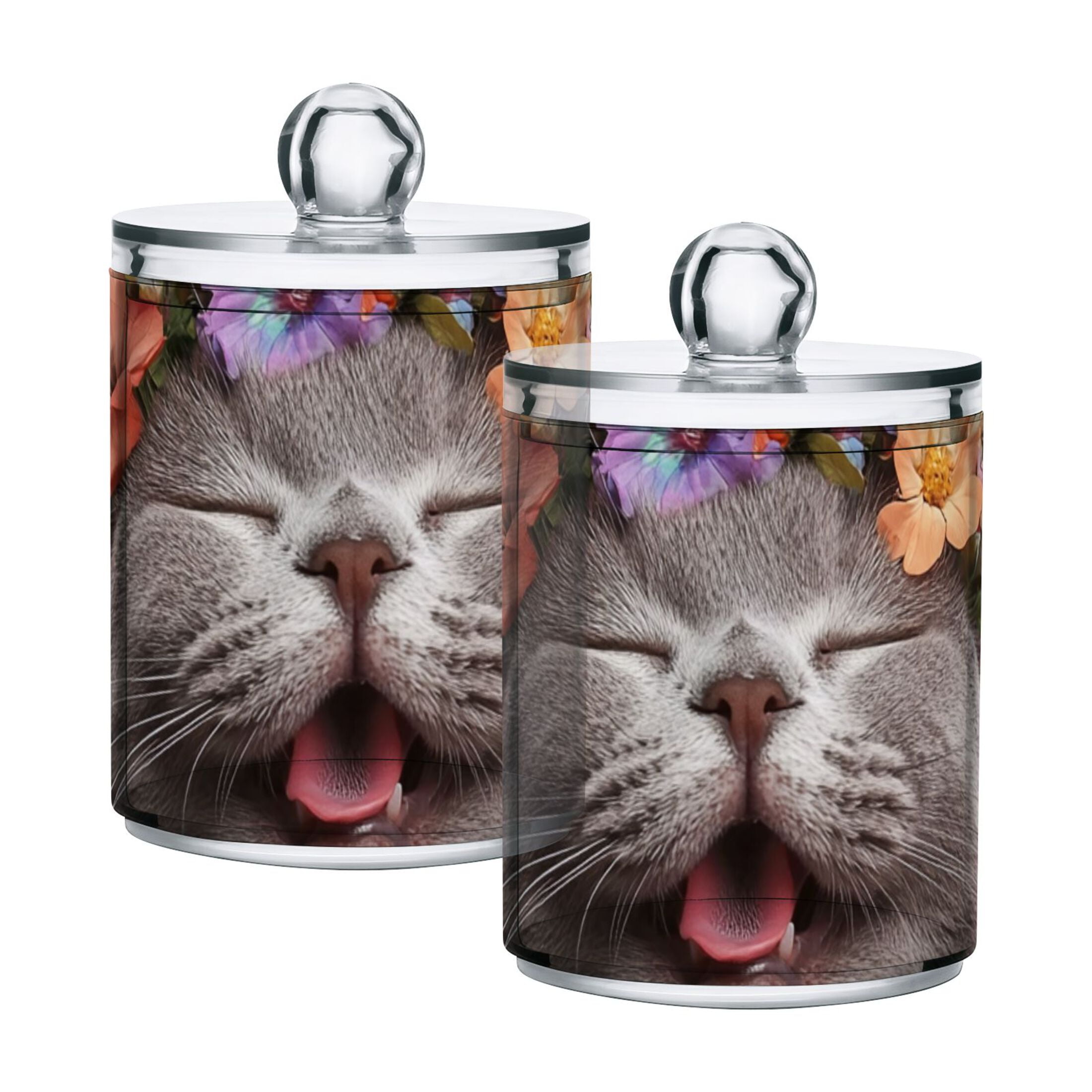 Happy Cat Wearing Garlands Translucent Plastic Cans Storage Canisters ...
