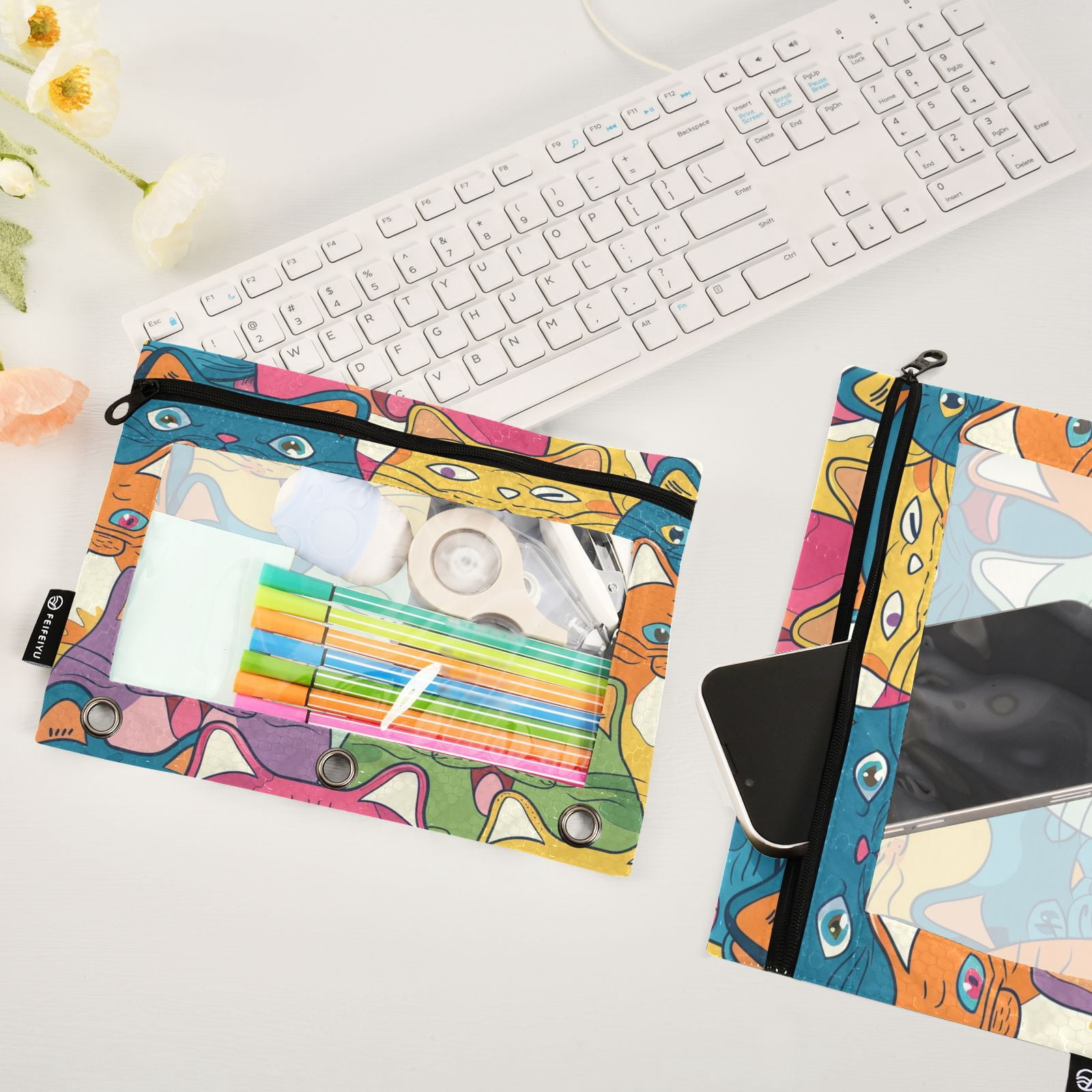 Happy Cats Faces 2 Pack Pencil Pouches Zipper Pencil Case 3 Ring Pencil ...
