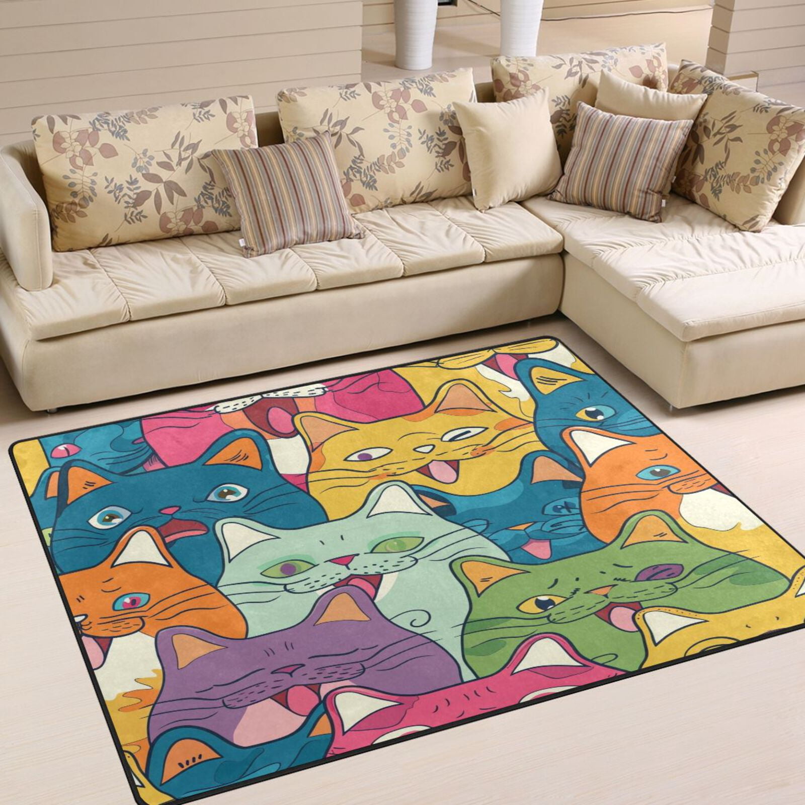 Happy Cats Faces Area Rug Washable 80 x 58 Floor Carpet Mat Non Slip ...