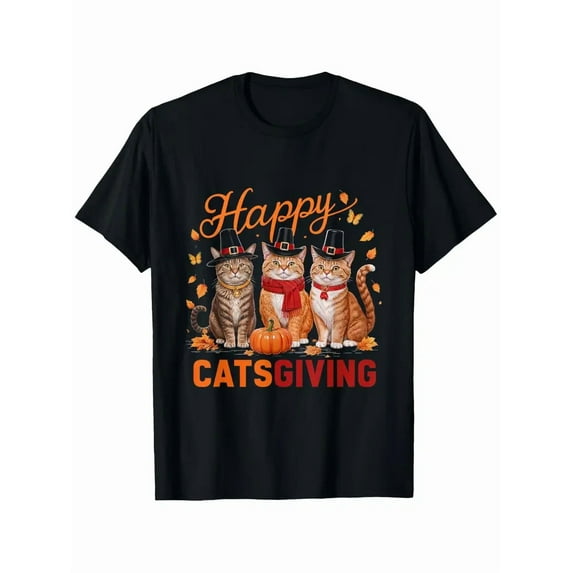 Happy Catsgiving Thanksgiving Cat & Pumpkin T-Shirt - 100% Cotton ...