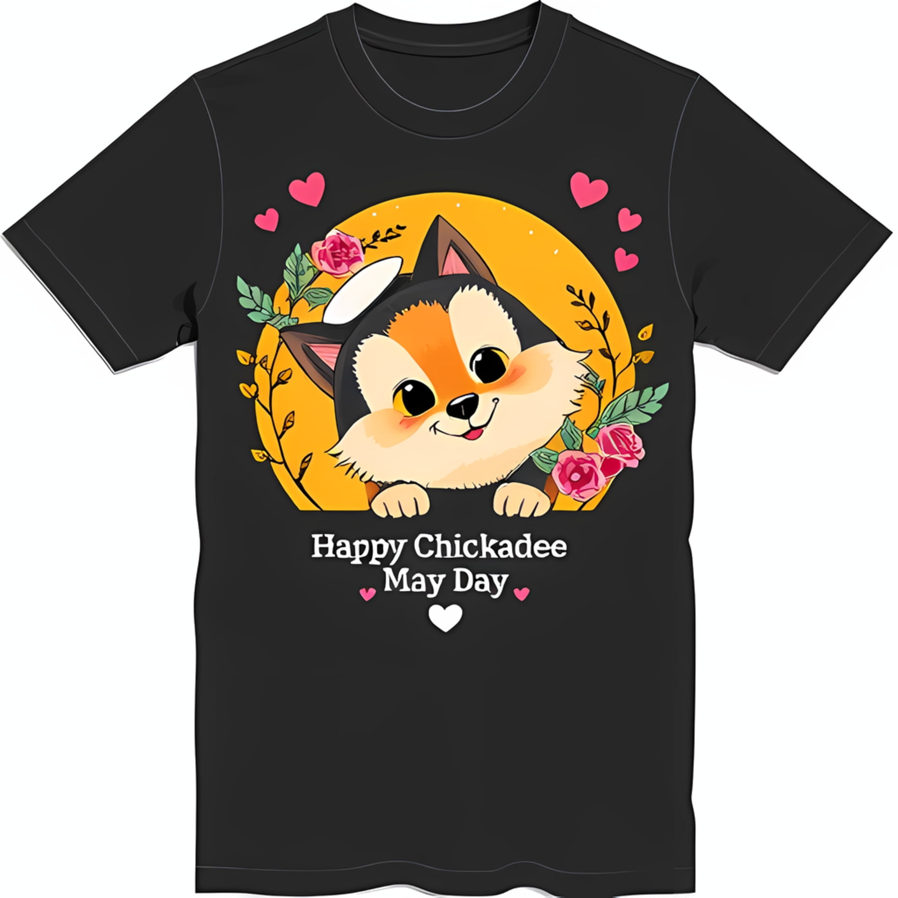 Happy Chickadee May Day Black T-Shirt with Cartoon Chickadee & Floral ...