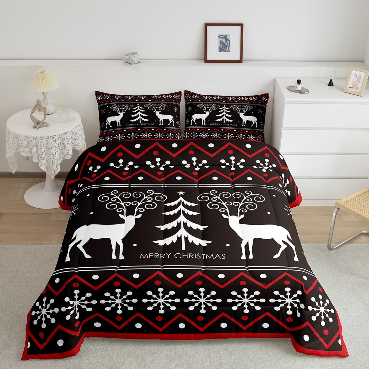 Happy Christmas Comforter Set Reindeer and Christmas Tree Bedding ...