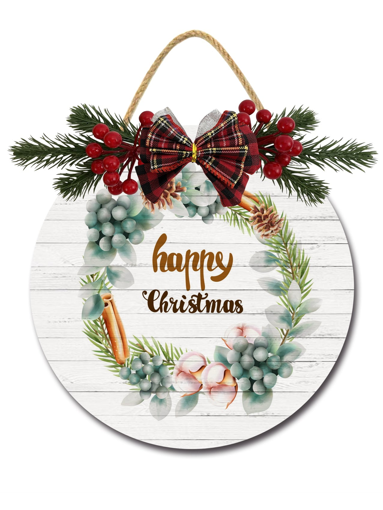 Happy Christmas Sign Front for Door Decoration, 12 in Round Wood ...