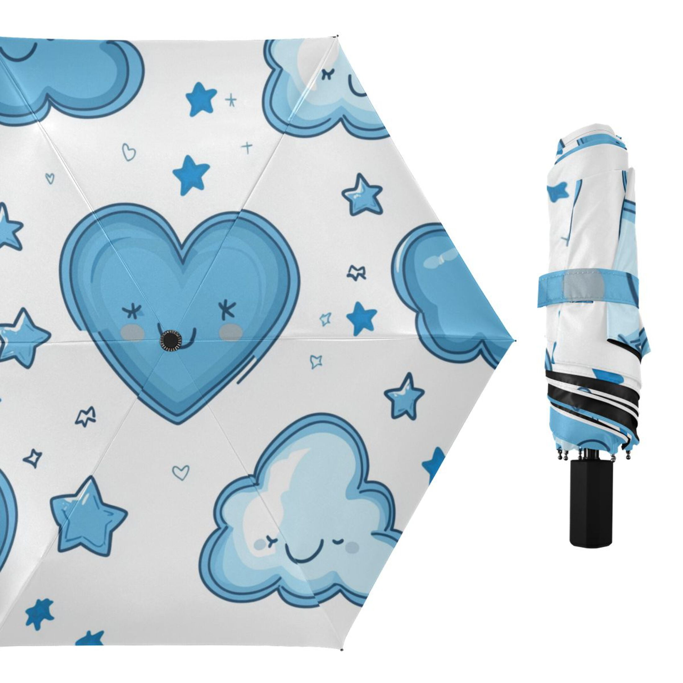 Happy Clouds Stars Hearts All Weather Umbrella Triple Folding Parasol 6 ...