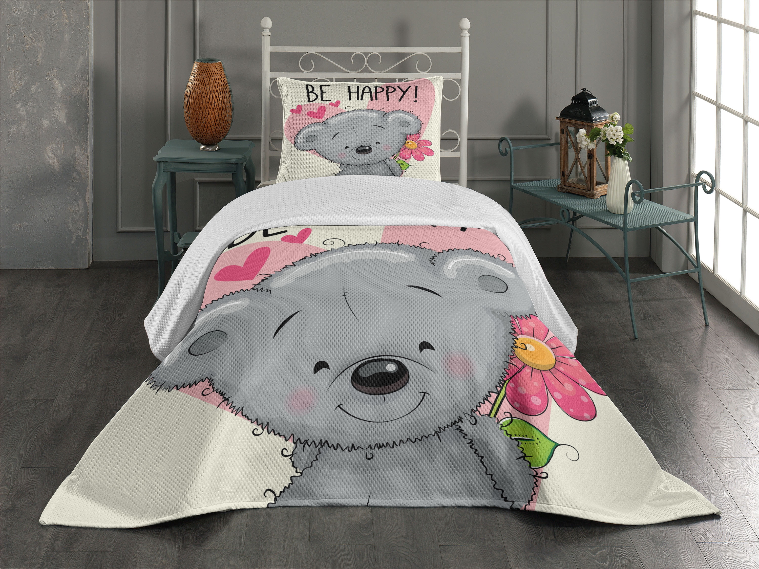 Be Happy Coverlet, Cartoon Style Smiling Teddy Bear Holding a Flower ...