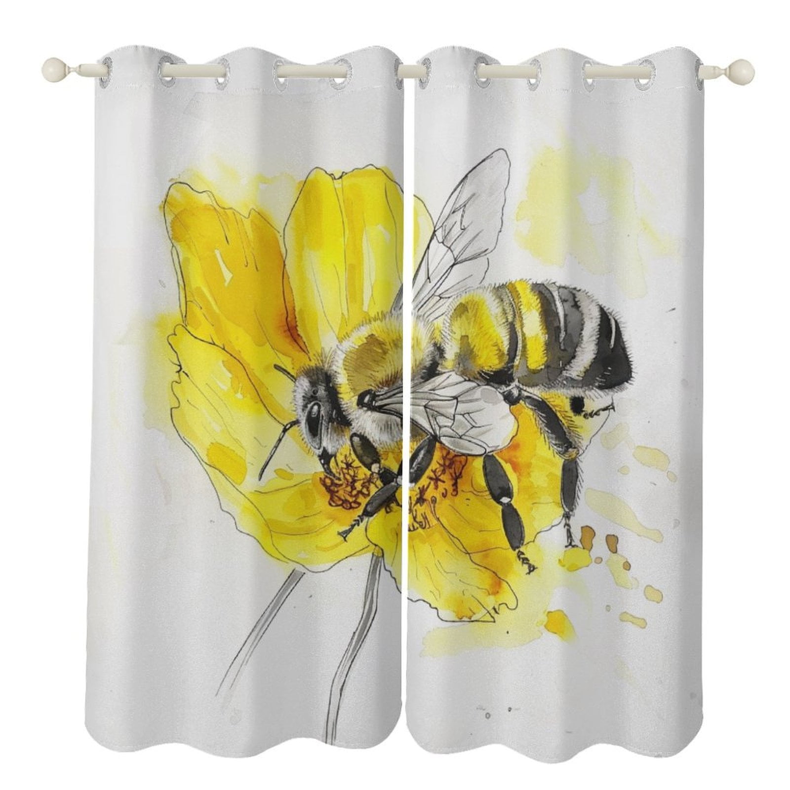 Happy Cute Bees 2 Panel Curtain Set, Watercolor Painting Window ...