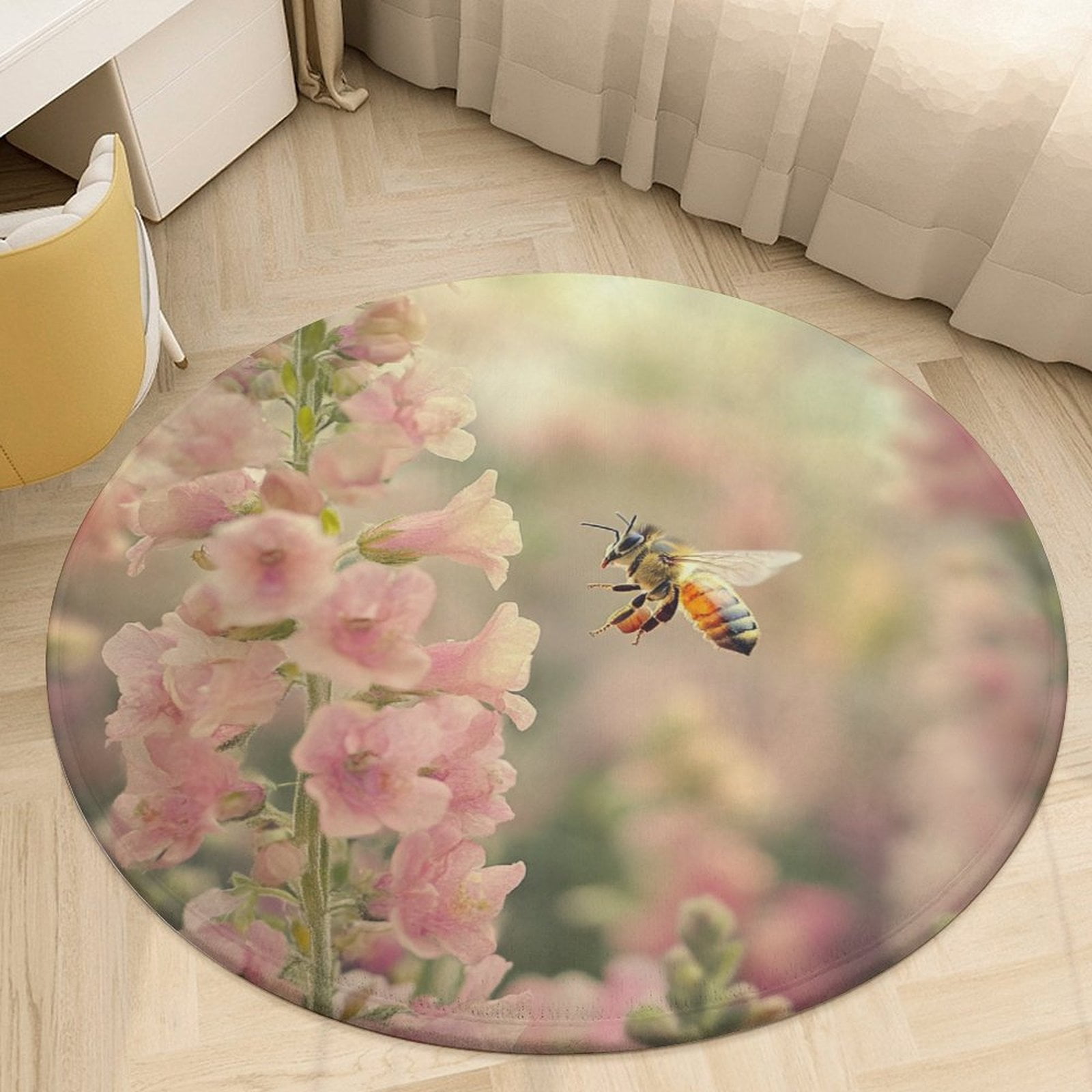 Happy Cute Bees Floral Medallion Round Rug - Small Round Area Rug, Soft ...