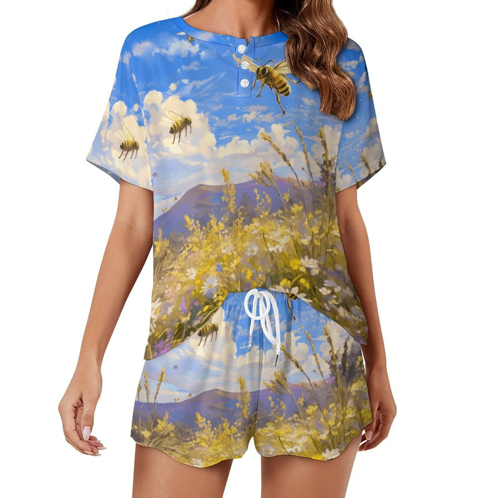 Happy Cute Bees Print Women'S Pajamas Set Summer Sleepwear Sets 2 Piece ...