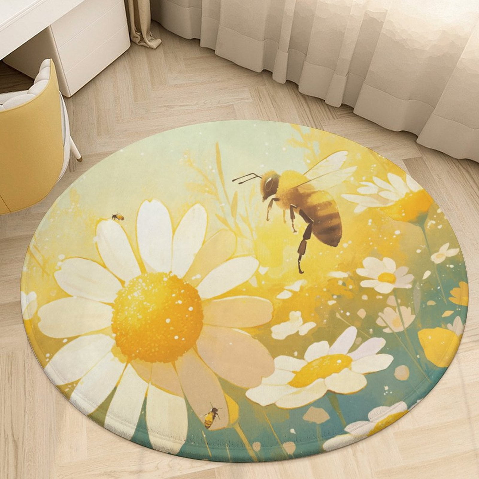 Happy Cute Bees Soft Bedroom Round Area Rug, Washable Cute Circle Throw ...