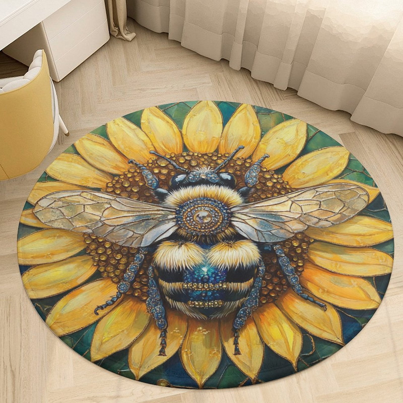 Happy Cute Bees Soft Bedroom Round Area Rug, Washable Cute Circle Throw ...