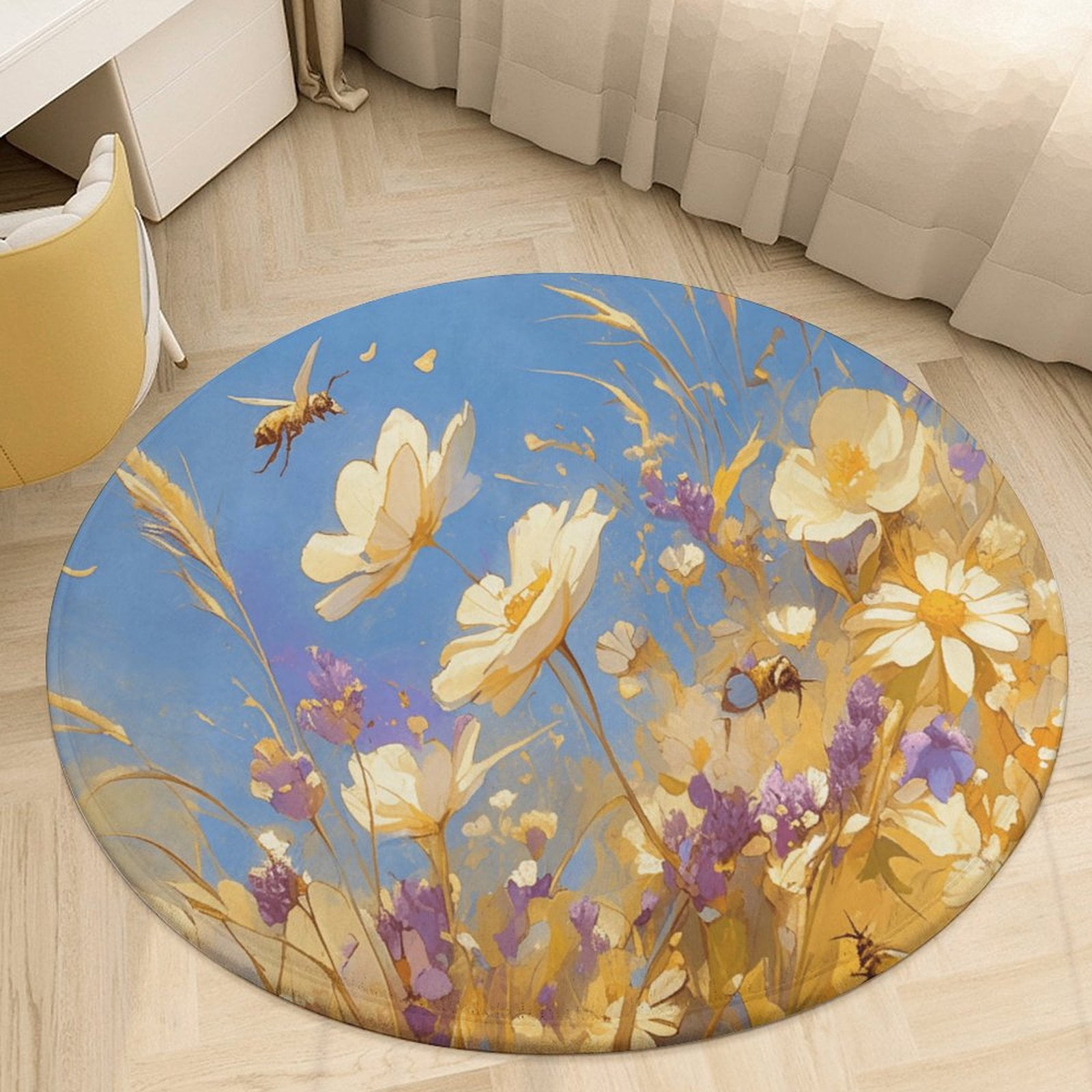 Happy Cute Bees Soft Bedroom Round Area Rug, Washable Cute Nursery ...