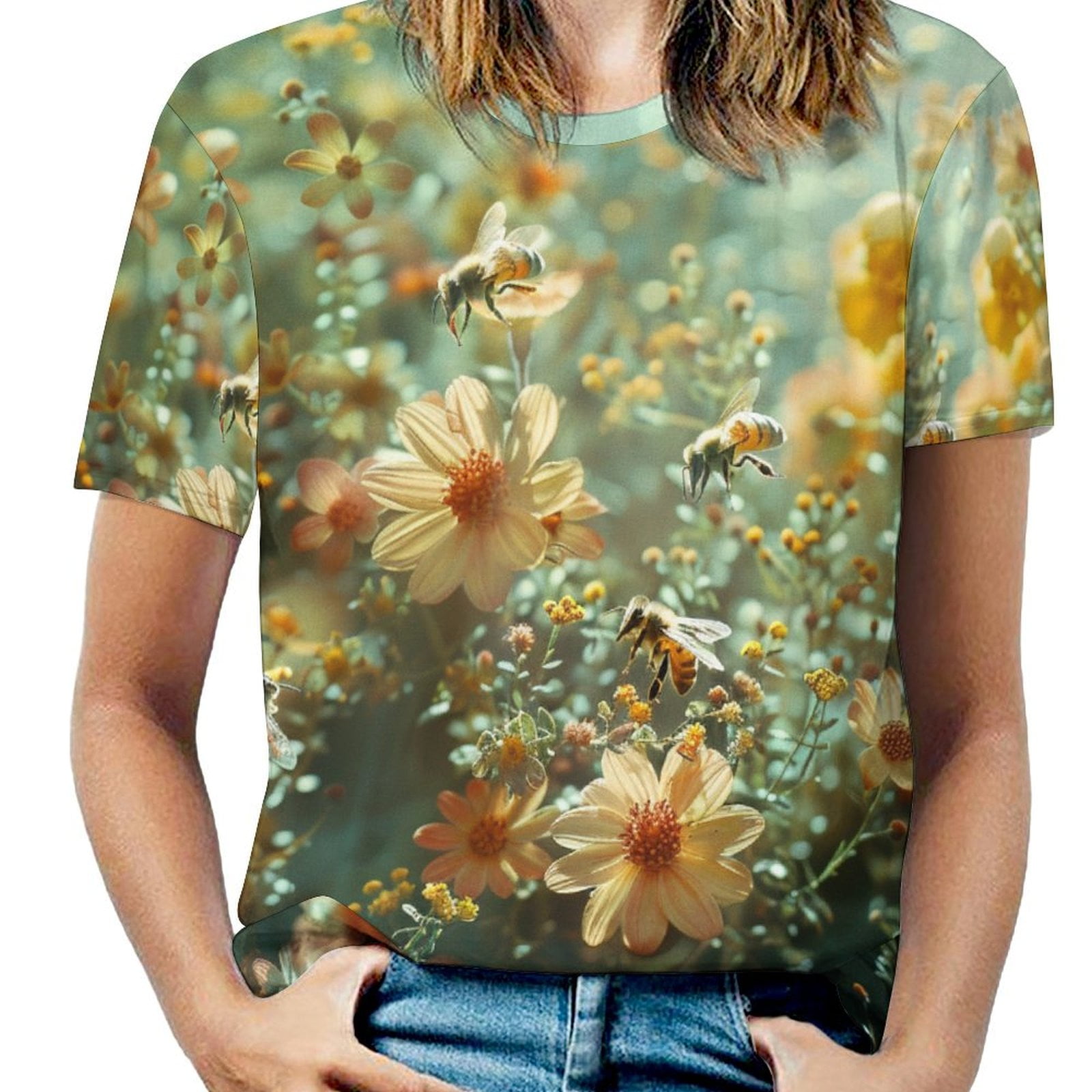 Happy Cute Bees T Shirts Basic T-Shirt Short Sleeve Ladies Tee Shirt Summer Graphic Clothing ...
