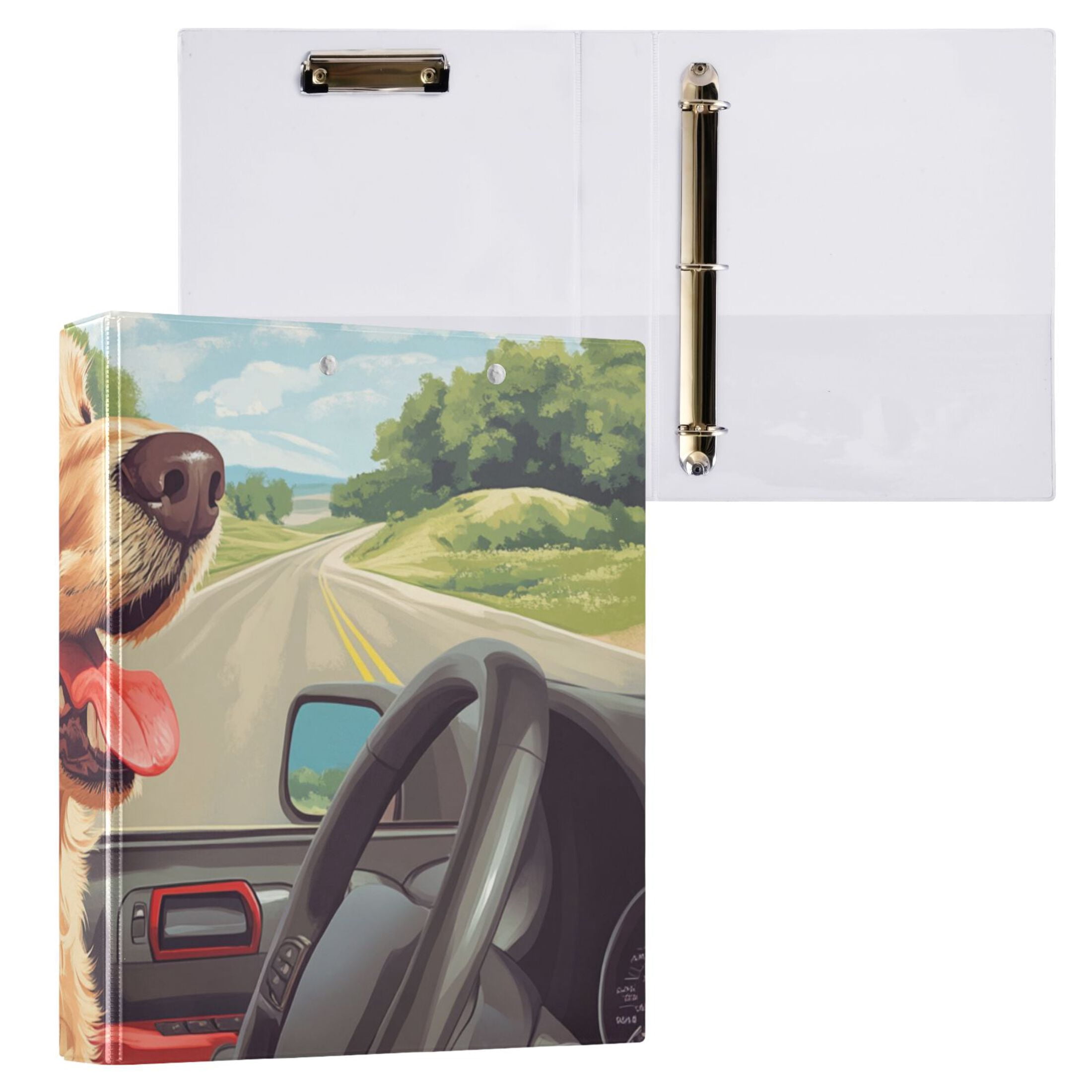 Happy Cute Dog on Red Car Round Ring Binder 3 Rings 1.5" Capacity File ...