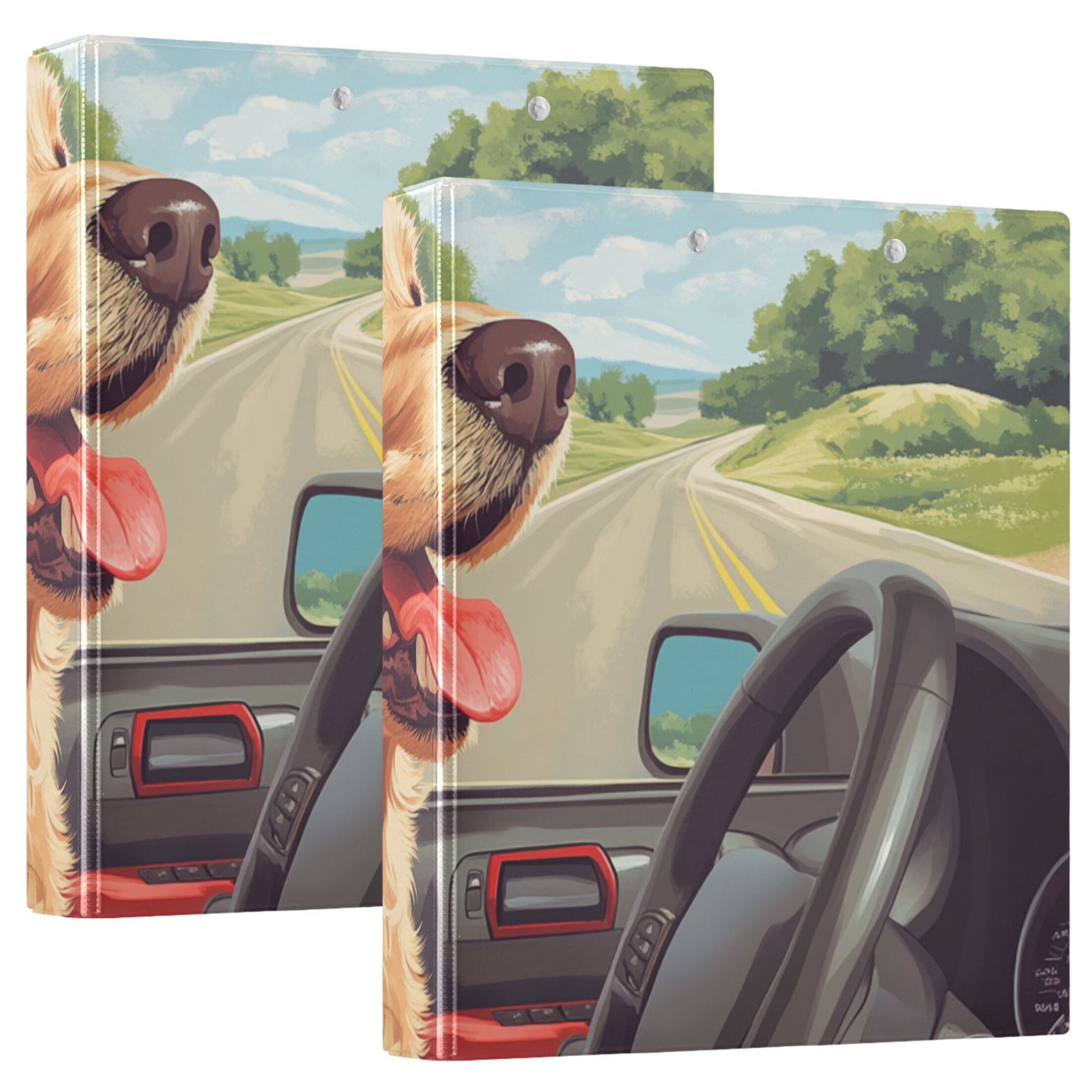 Happy Cute Dog on Red Car Round Ring Binder 3 Rings 1.5" Capacity File ...