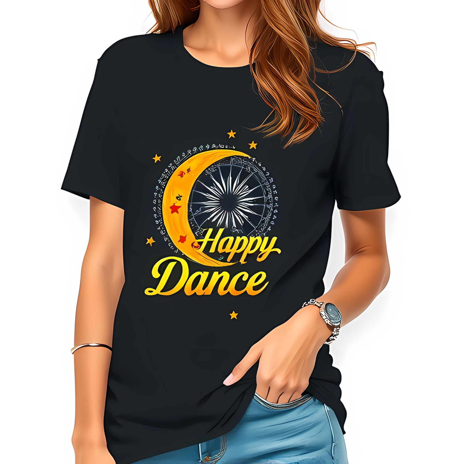 Happy Dance Graphic T-Shirt for Women - Navy Blue Stars Design Casual ...