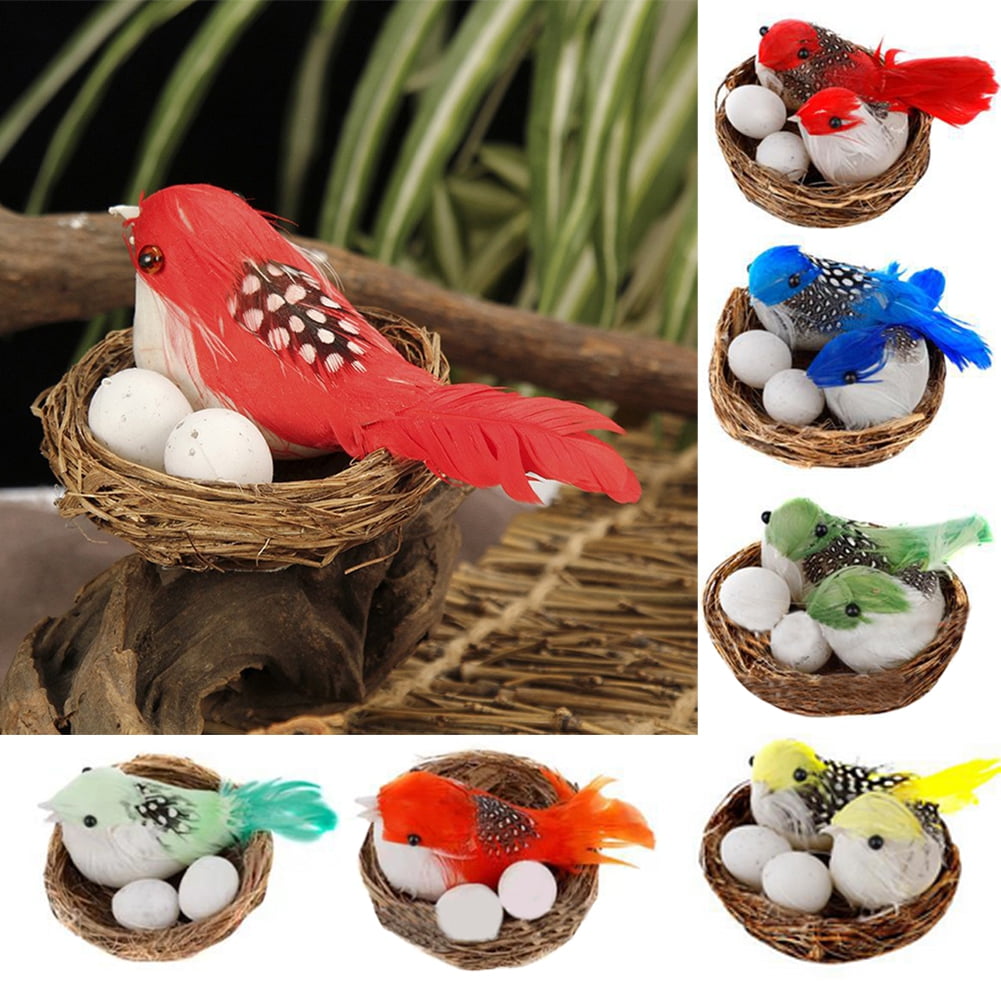 Happy Date 1Set Artificial Simulation Birds Feather Mini Bird with Nest ...