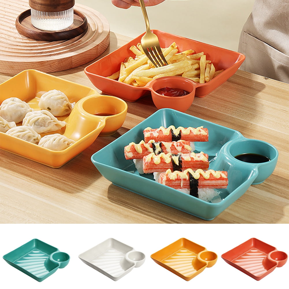 Happy Date Ceramic Dumpling Plate with Sauce Compartment 7 Serving ...