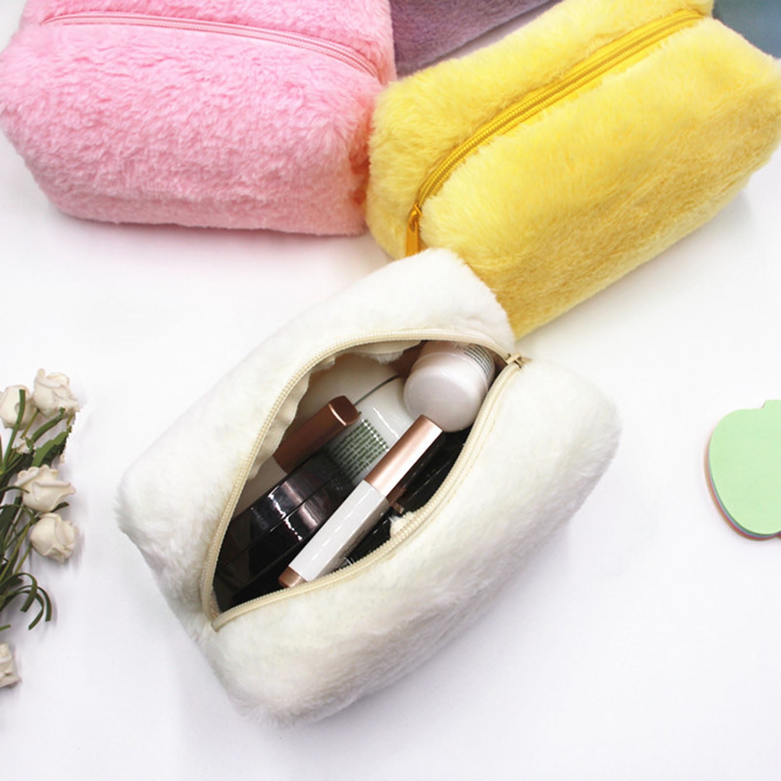 Happy Date Makeup Fluffy Cosmetic Bags Cute Travel Toiletry Bags High ...