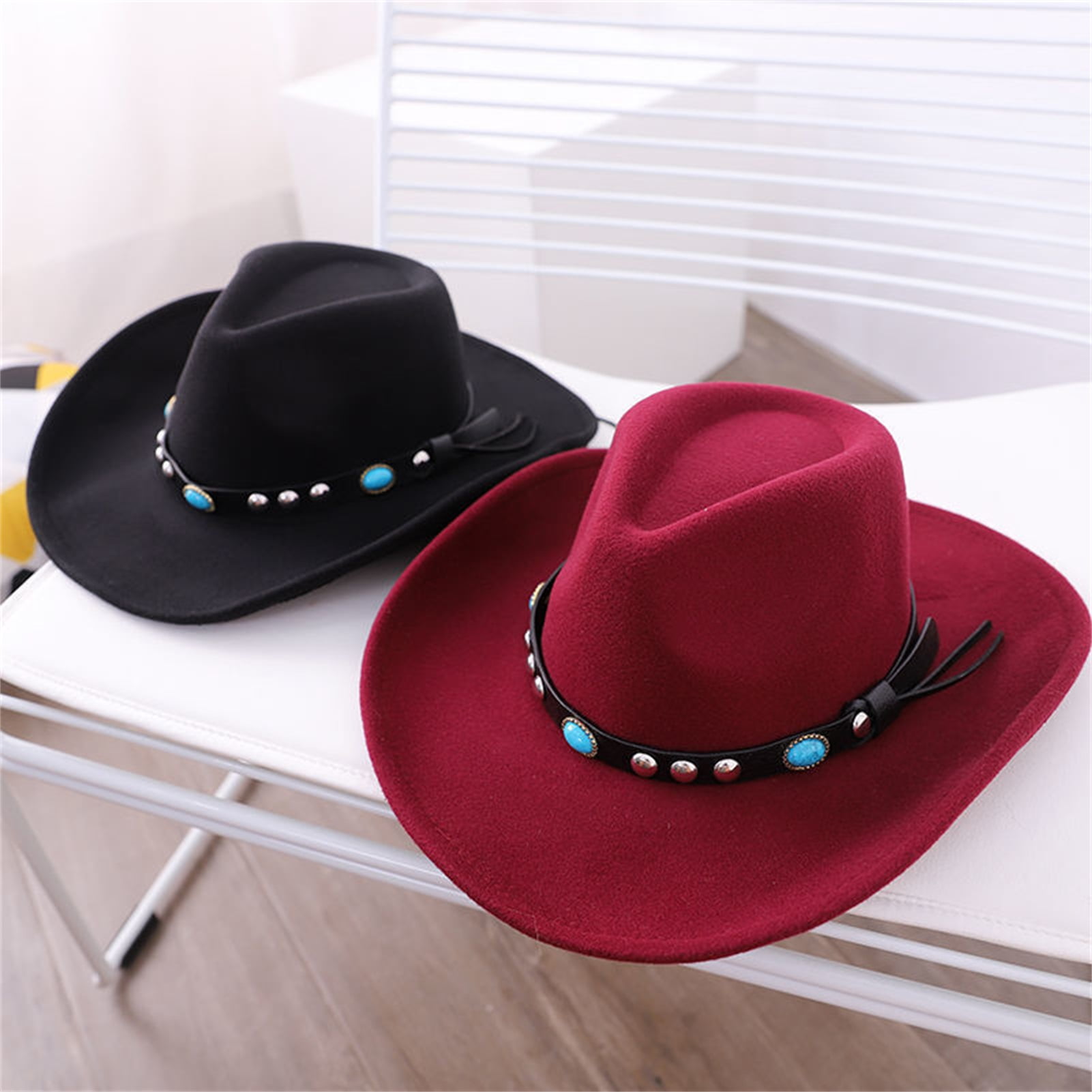Happy Date Women's Wool Fedora Hat Wide Brim Felt Caps with Belt Buckle ...