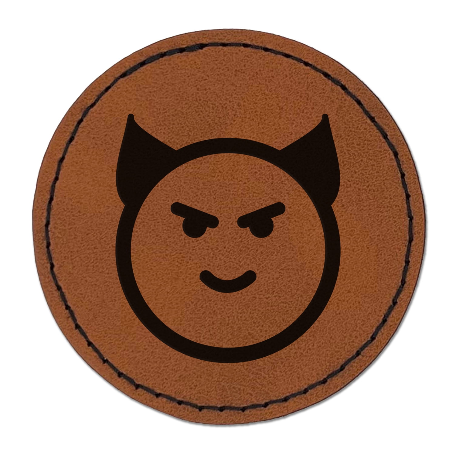 Happy Devil Face Emoticon 2.5" Faux Leather Round Engraved Iron-On ...