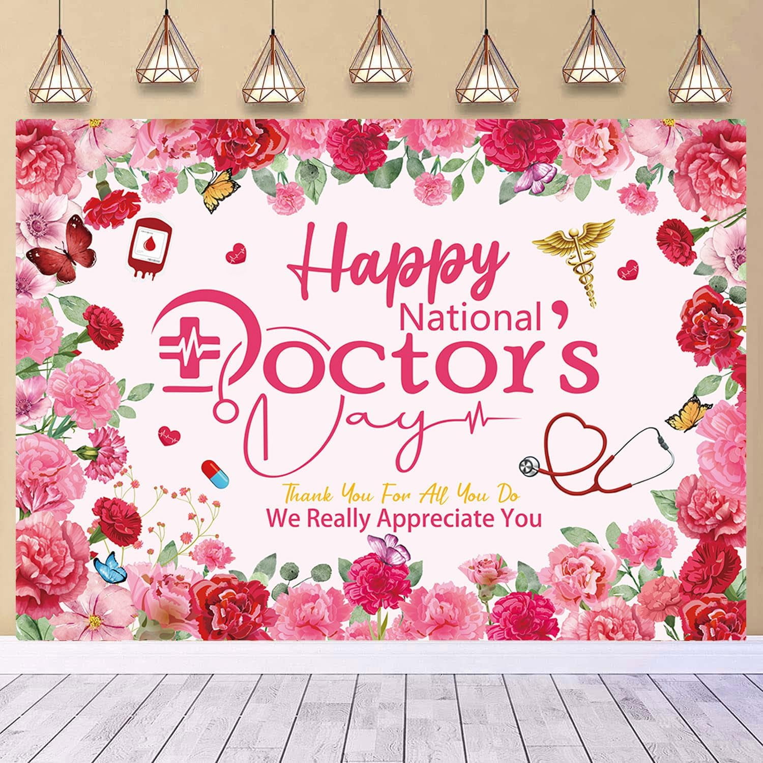 Happy Doctors Day Backdrop Decorations Pink Carnation Flowers Medical ...