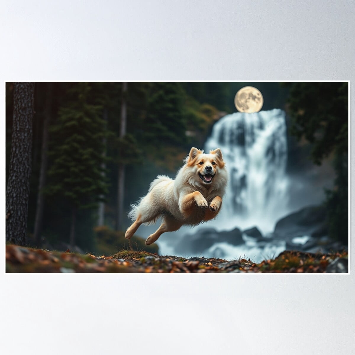 Happy Dog Leaping Past A Waterfall Poster Wall Art, Modern Wall Decor ...