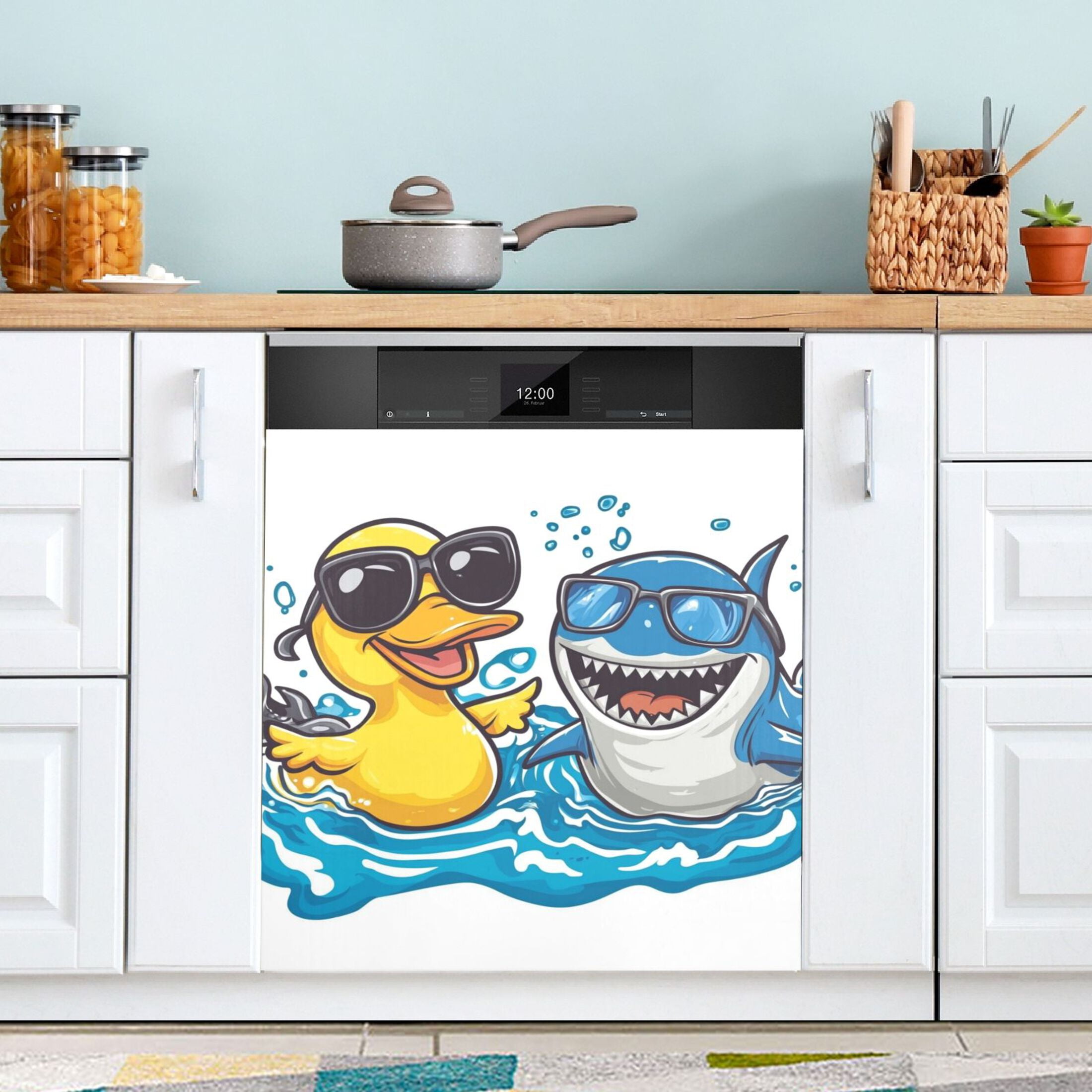 Happy Duck and Fish with Sunglasses Dishwasher Magnet Refrigerator Magnetic Cover Washing ...