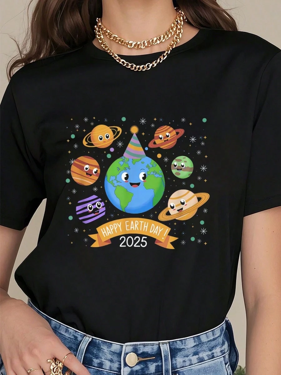 Happy Earth Day 2025 Cute Cartoon Planet Solar System Graphic Tee Retro ...