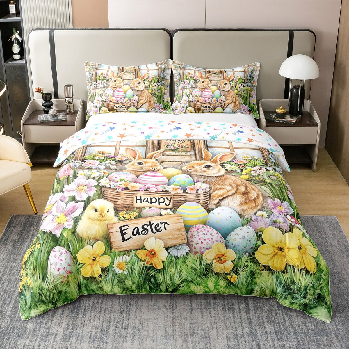 Happy Easter 100% Cotton Duvet Cover Twin,Cute Rabbit Garden Watercolor ...