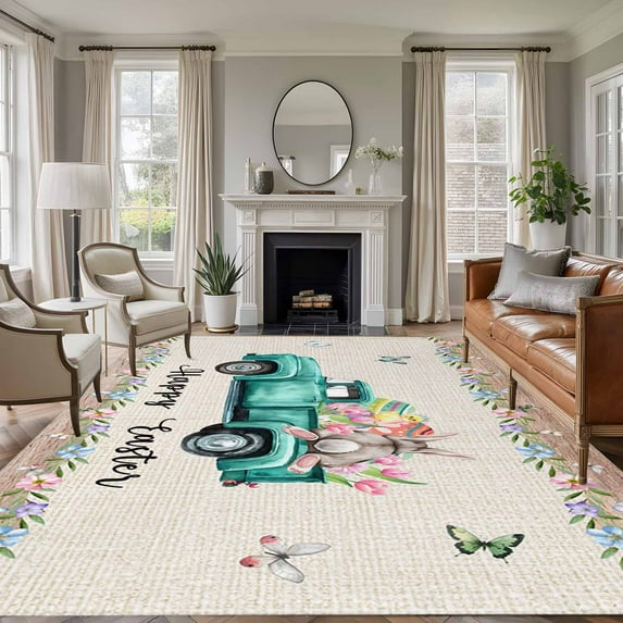 Happy Easter Area Rug 5x7 Washable Rug Non Slip Spring Farmhouse Green ...