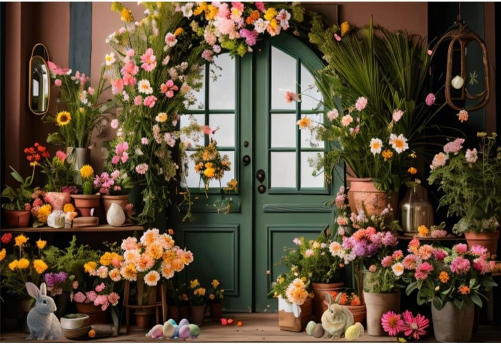 Happy Easter Backdrop Easter Bunny Eggs Green Door Flowers Arch ...