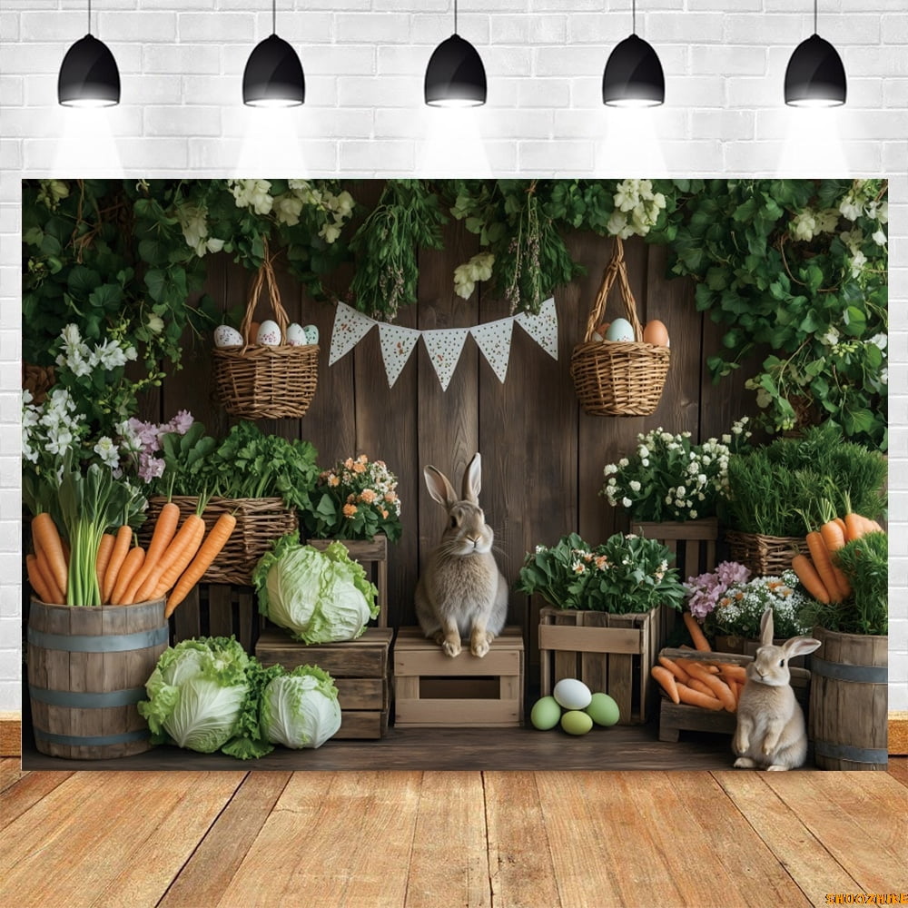 Happy Easter Backdrop Photography Spring Flowers Wood Door Carrot ...