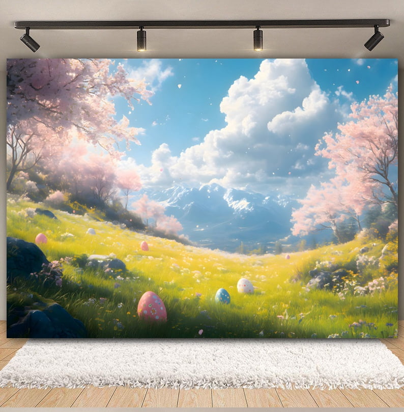 Happy Easter Backdrop Spring Cherry Flower Gard Rabbit Eggs Grass Bunny ...