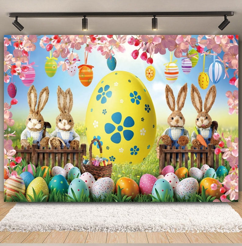 Happy Easter Backdrop Spring Cherry Flower Gard Rabbit Eggs Grass Bunny ...