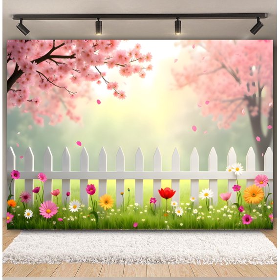 Happy Easter Backdrop Spring Cherry Flower Gard Rabbit Eggs Grass Bunny ...