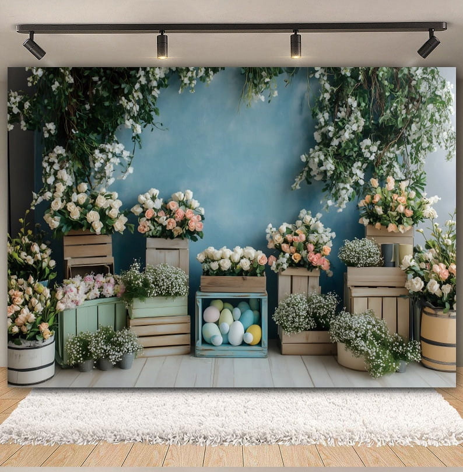 Happy Easter Backdrop Spring Flower Egg Wood Board Wall Box Green Grass ...