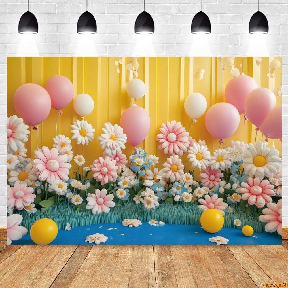 Happy Easter Backdrop Spring Flower Yellow Wall Easter Eggs Balloon ...